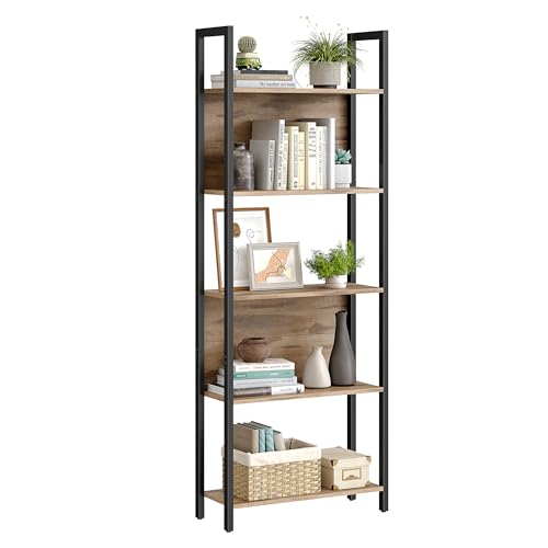VASAGLE 5-Tier Bookshelf, Book Shelf, Industrial Bookcase, with Steel Frame, for Living Room, Home Office, Bedroom, 9.4" D x 24.4" W x 65" H, Rustic Walnut + Black