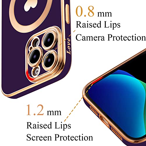 Weonmov Magnetic Case for iPhone 14 Pro Case for Women Men [ Compatible with MagSafe ], Cute Love Heart Soft Back Cover Raised Full Camera Lens Protection Phone Case (6.1") - Purple