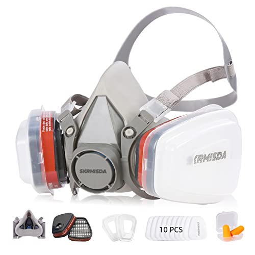 Skrmisda Reusable Respirators, Reusable Half Face Respirator with 10 Active Cotton Respirator Filters Against Painting, Dust, Polishing, Spraying Protective Works