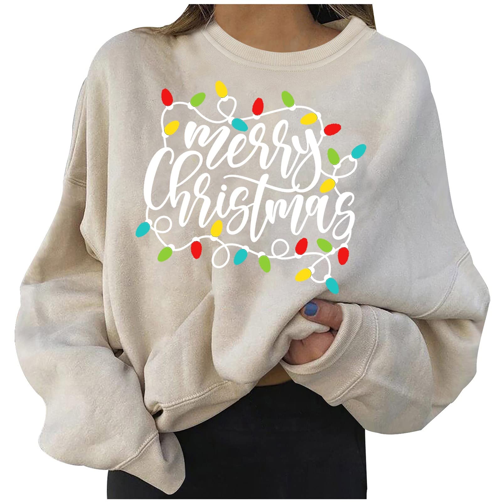 Tops For Women Casual Fall Christmas Print Pullover Long Sleeve Festival Shirts Flowy All-match Pullovers Fall Sweatshirt Beige