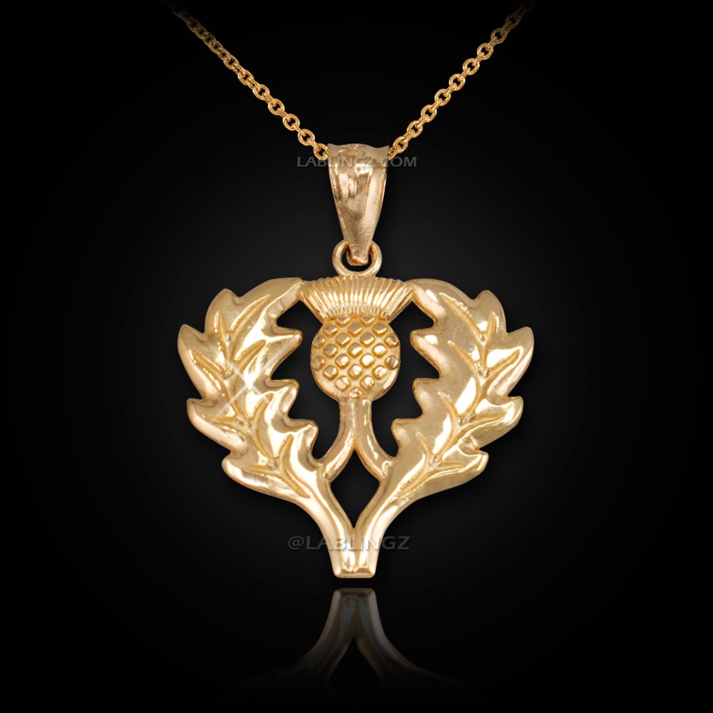 Irish Jewelry 14K Yellow Gold Scottish Thistle Flower Pendant Necklace (16)