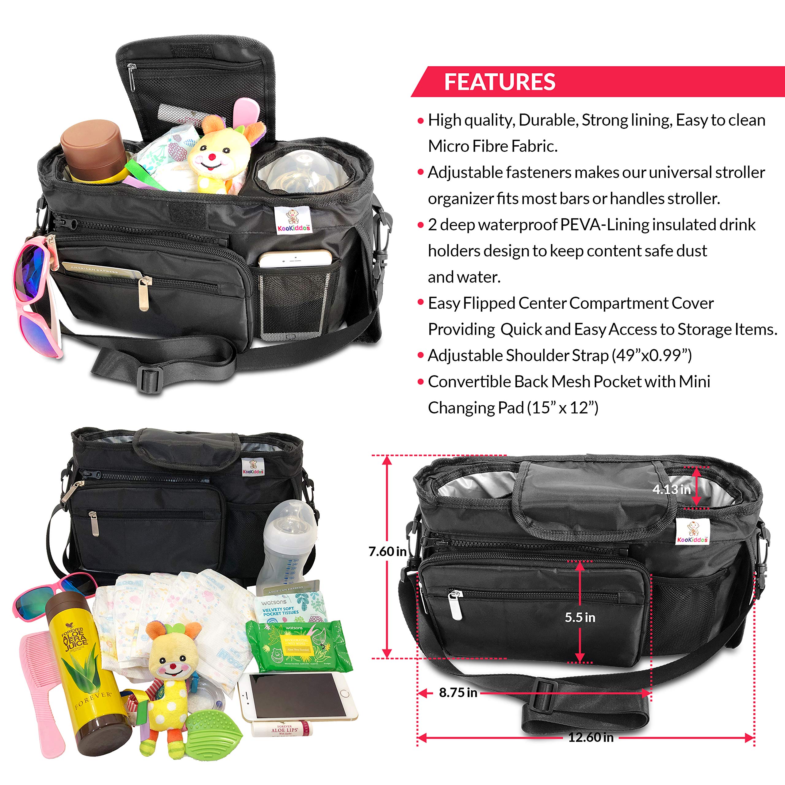 KOOKIDDOS Baby Stroller Organizer with Cup Holders Insulated, Baby Diaper Storage Organizers and Shoulder Strap Organizer Bag for Accessories, Fits Uppababy, Doona, Britax, Baby Jogger, Bugaboo, BOB