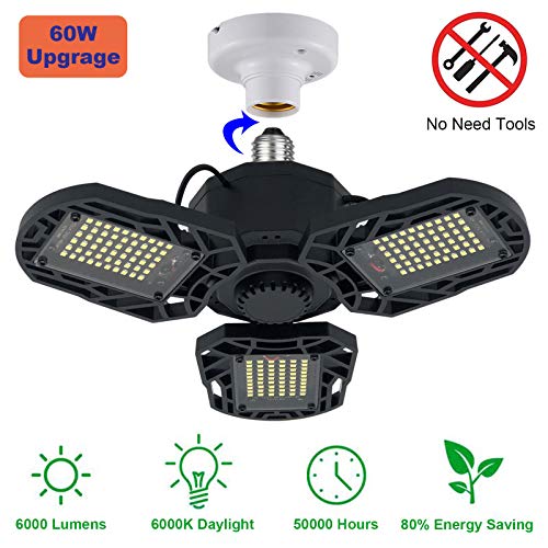 LED Garage Lights, 60W Deformable Garage Ceiling Lighting Fixture, 6000LM E26 Trilights with 3 Adjustable Panels, 6000K Triple LED Shop Light Bulb for Garage, Workshop, Warehouse (No Motion Activated)