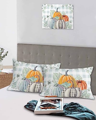 Thanksgiving Pillow Covers Standard Size Set of 2 Bed Pillow, Farmhouse Teal Plaid Fall Pumpkin Maple Leaves Plush Soft Comfort for Hair/ Skin Cooling Pillowcases with Envelop Closure 20''x26''