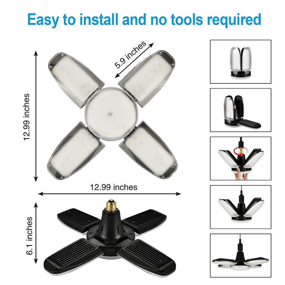 LED Garage Light, 6000K Daylight Working Lights, 5 Panels Deformable High Bay Led Shop Light, E26 Screw-in Bright Ceiling Lighting for Warehouse, Basement, 100W 14,000 LM (450W Equiv.)