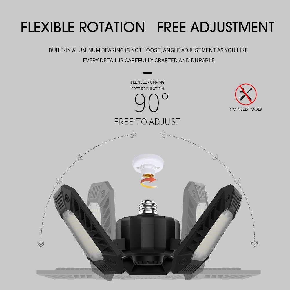 LED Garage Light,60W E26/E27 6000LM Deformable Bay Lighting,Led Shop Light with 3 Adjustable Aluminum Panels,6000K Daylight Garage Light for Workshop Basement Storage and Barn