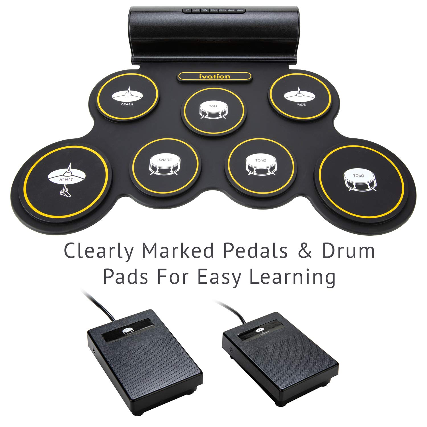 Ivation Portable Electronic Drum Pad - Digital Roll-Up Touch Sensitive Drum Practice Kit - 7 Labeled Pads 2 Foot Pedals Kids Children Beginners (with Speaker and Built in Rechargeable Battery)