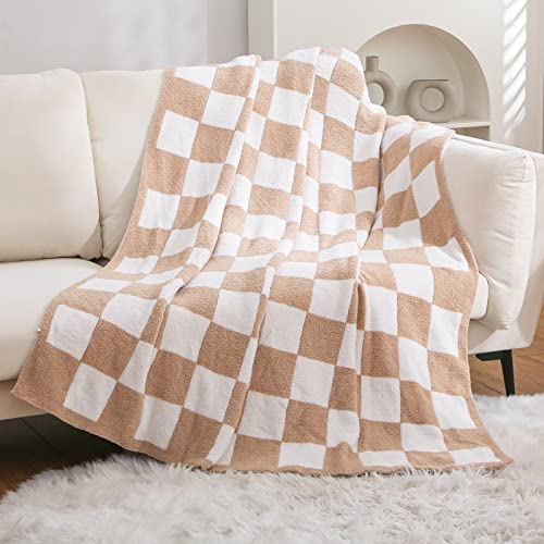 WESHIONGOO Brown Checkered Blanket Knit Throw Blanket with Checkerboard Reversible Chessboard Gingham Plush Cozy Warm Decor for Couch Bed Sofa(50"×60" inch)