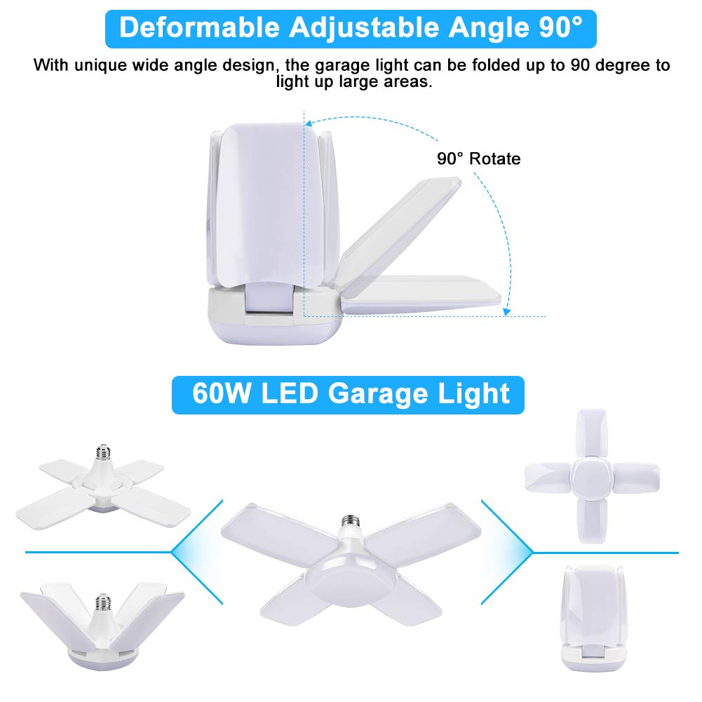 LED Garage Lights 2 Pack 60W 6000LM Garage Light Deformable LED Garage Ceiling Lights 6500K Daylight 5 Adjustable Panles E26 Base LED Basement Lights Garage LED Lights for Warehouse Workshop Office