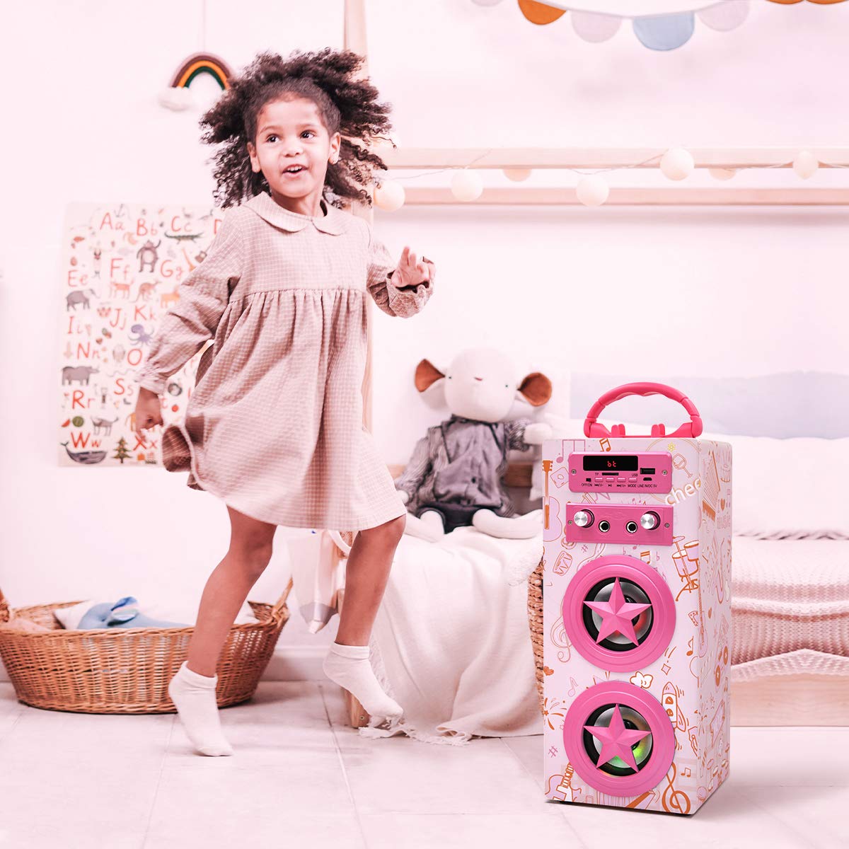Kidsonor Kids Bluetooth Karaoke Machine with 2 Microphones, Wireless Remote Control Portable Karaoke Music MP3 Player Loudspeaker with Microphones for Kids Adults Home Party (Pink)