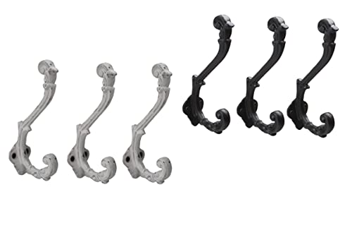 Wall Hooks, Cast Iron, Rustic Chic Shabby Vintage Style, Farmhouse Decor, Clothes Hanging Idea for Hats, Coats, Scarves, Bags Closets, Rustic Key Hooks, (Set of 3) (Distress White) & Black