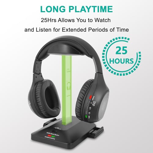 WallarGe Wireless Headphones for TV Watching with 5.8GHz RF Transmitter Charging Dock, Over-On Ear TV Headphones Wireless for 25Hrs Playtime and No Lip-Sync Delay, Plug & Play