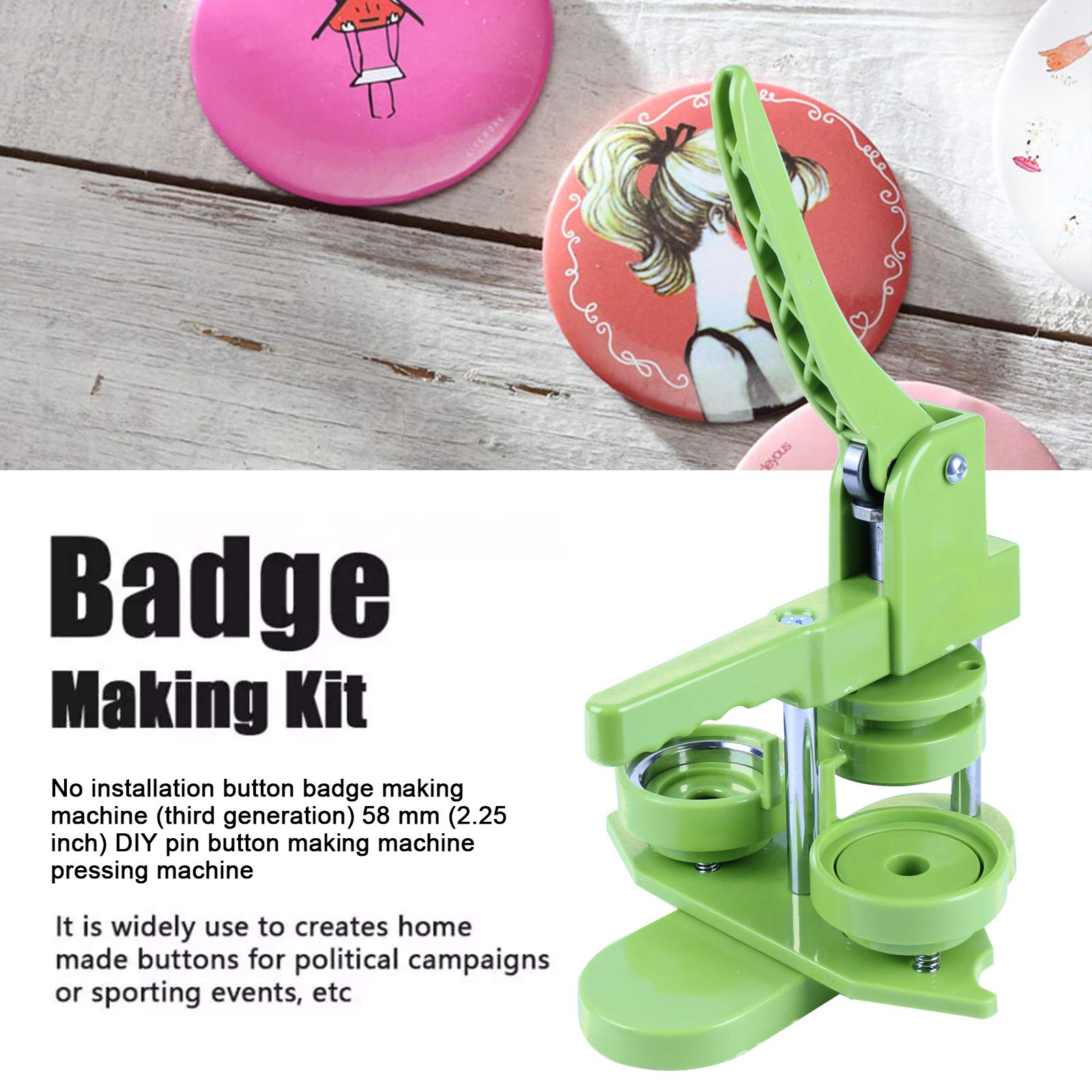Installation-Free Button Badge Maker Machine, 58mm (2.25in) DIY Badge Pin Maker Machine Kit with 100pcs Badge Parts/Pic/Circle Cutter/Magic Book