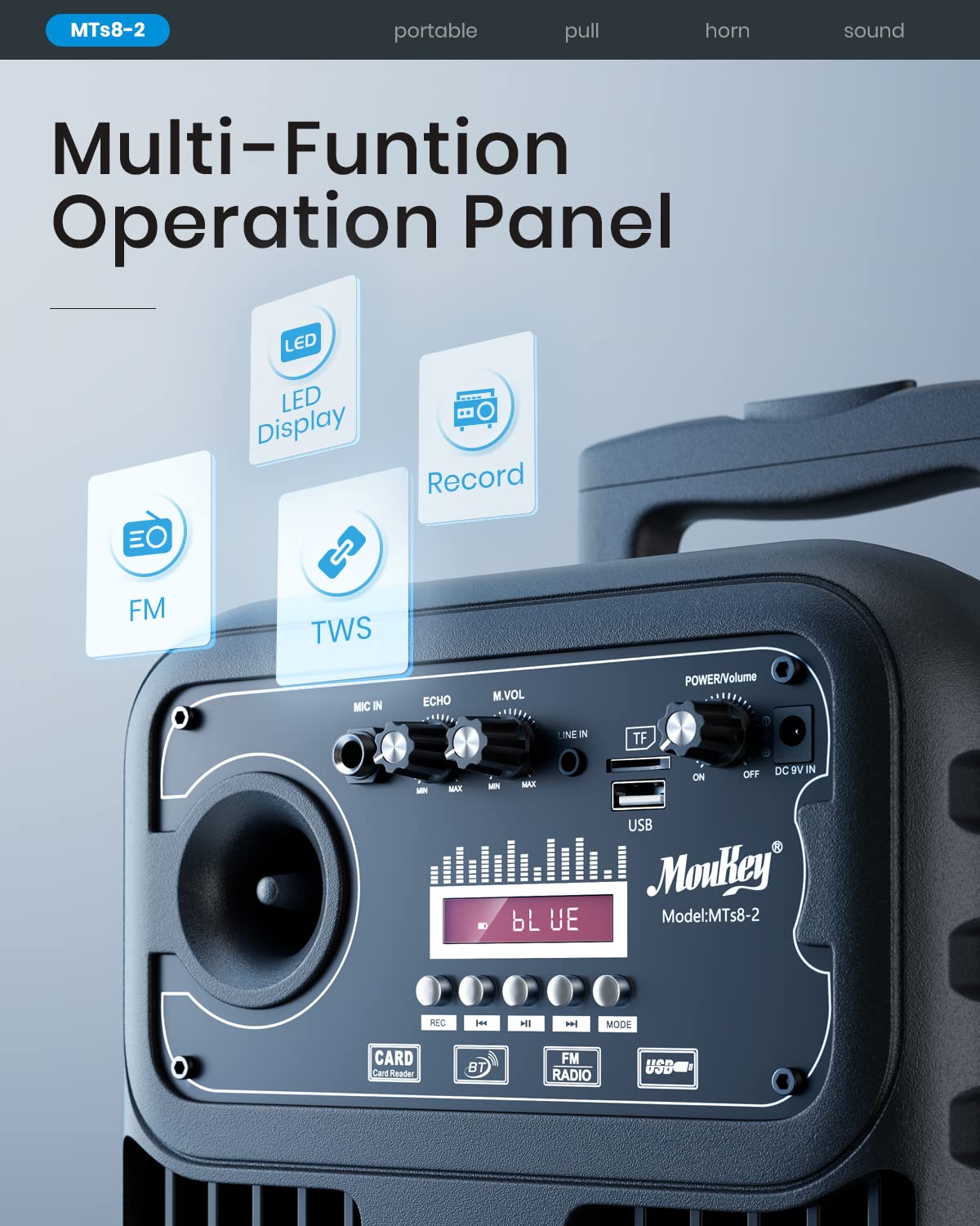 Moukey Portable Bluetooth Speaker, Small PA System with 8" Subwoofer & 1" Tweeter, Karaoke Machine with Wireless Microphone and Echo Adjustment, Support TWS/REC/AUX/USB/TF/FM, for Christmas Party