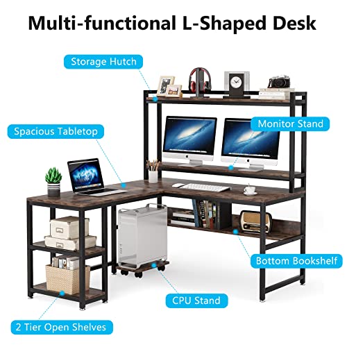 TRIBESIGNS WAY TO ORIGIN L-Shaped Desk with Storage Shelves, 59β Corner Computer Desk with Hutch, Industrial L Shaped Office Desk Gaming Table Workstation for Home Office (Rustic Brown)