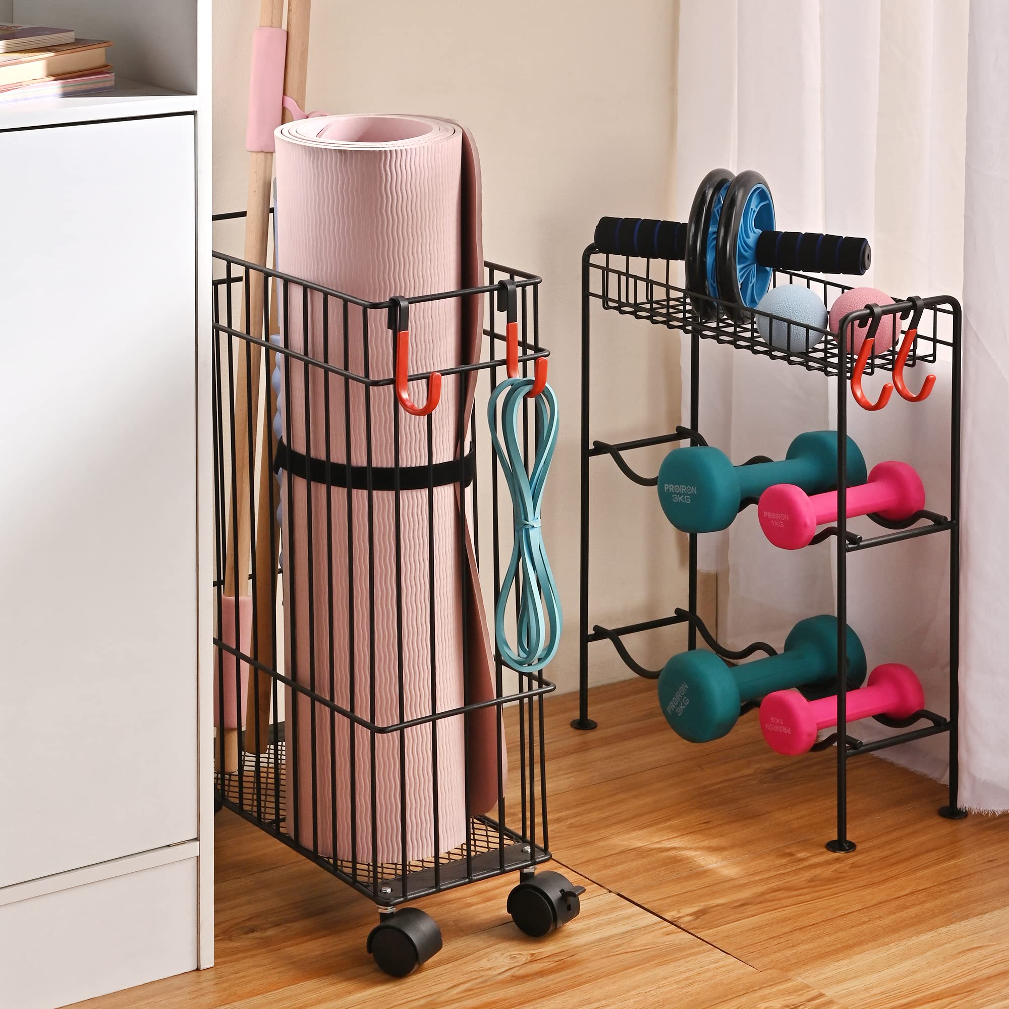 PLKOW Home Gym Storage Yoga Mat Holder Dumbbell Rack for Small Dumbbells Kettl-Bells Foam Roller and Resistance Bands, Workout Equipment Storage Organizer with Wheels and Hooks, 2-Pack, Black