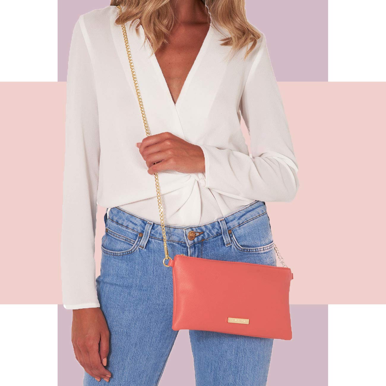 KATIE LOXTON Freya Soft Pebble Women's Vegan Leather Convertible Crossbody Clutch Purse Coral