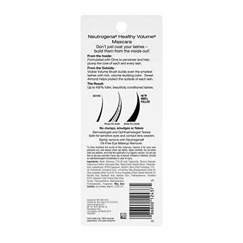 Neutrogena Healthy Volume Lash-Plumping Mascara, Volumizing and Conditioning Mascara with Olive Oil to Build Fuller Lashes, Clump-, Smudge- and Flake-Free, Black 02, 0.21 oz