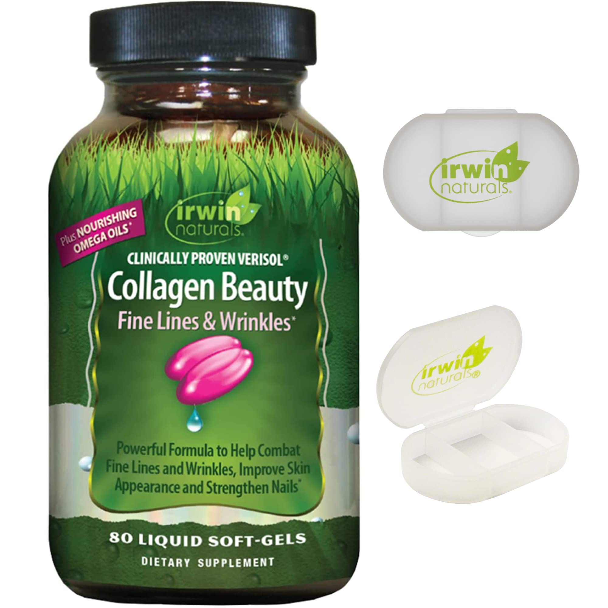 Irwin Naturals Collagen Beauty - 80 Liquid Softgels - Helps Combat Fine Lines & Wrinkles, Improves Skin Appearance & Strengthens Nails - 13 Total Servings with Pill Case