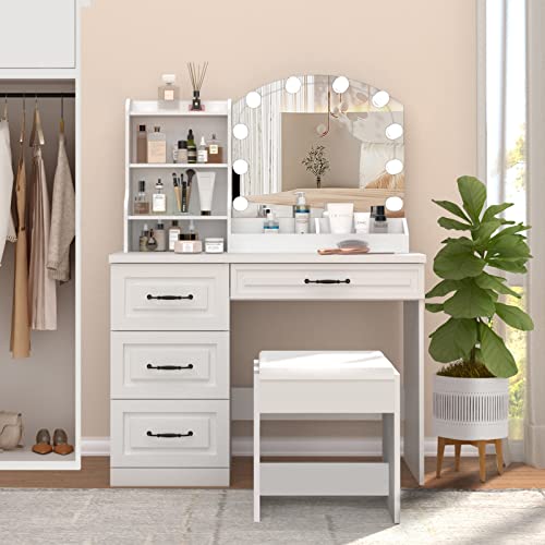 Vabches Makeup Vanity Desk with Lights and 4 Drawers, White Vanity Set Makeup Table Lots Storage, 3 Lighting Colors, Large Size 39.4in(L), White-L
