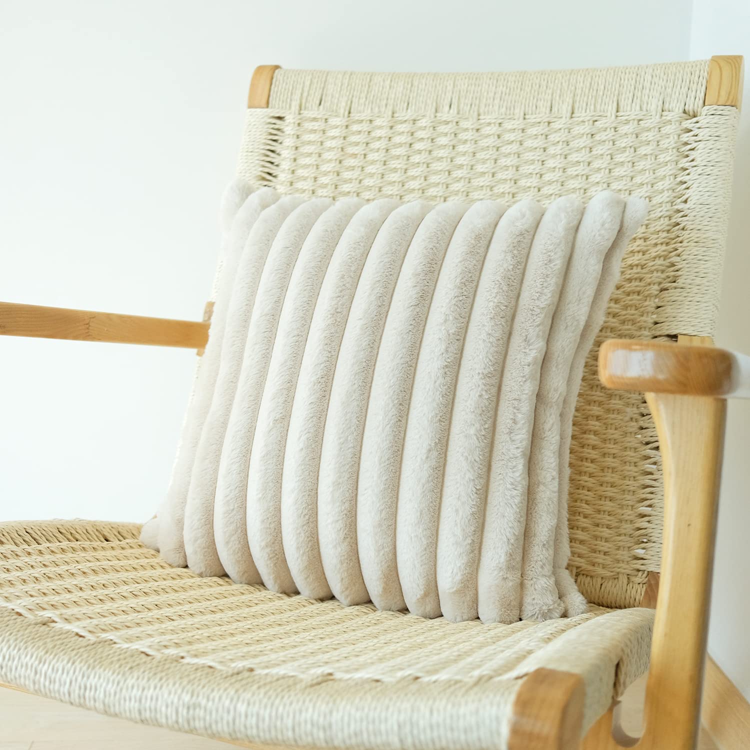 JOJUSIS Pack of 2 Faux Fur Plush Decorative Throw Pillow Covers Striped Couch Cushion Case Soft Fluffy Pillowcases(Beige, 18 x 18-Inch)