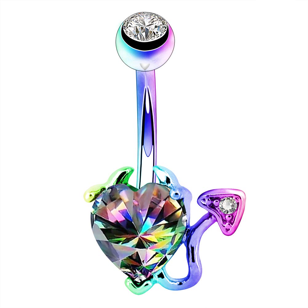 Jewseen Devil Heart Belly Button Rings 14G Surgical Steel Navel Barbells Iridescent CZ Body Piercing