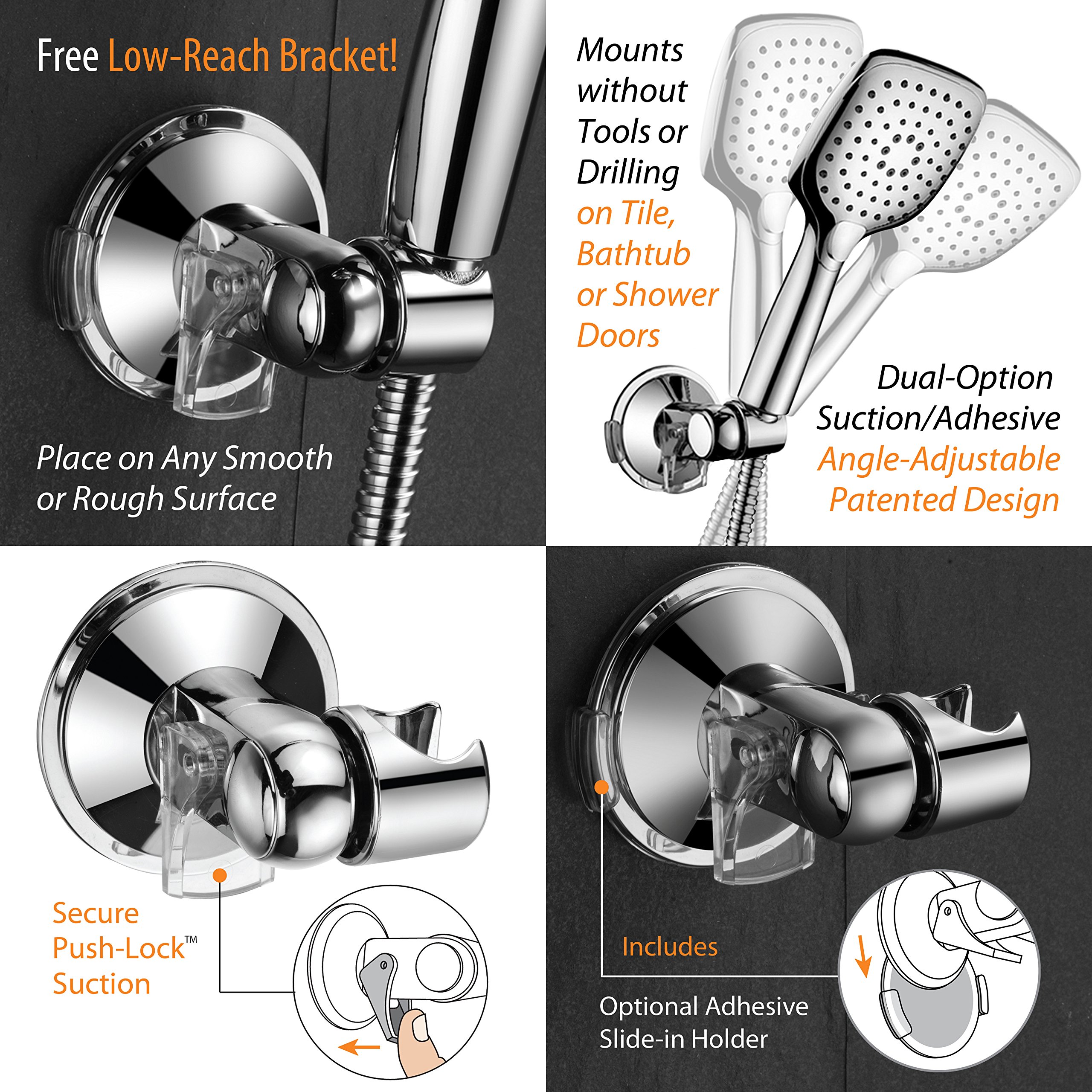 HotelSpa 10.5-in Rain Shower Head/Handheld Combo. Convenient Push-Button Flow Control Button for easy one-handed operation. Switch flow settings with the same hand! Low-Reach Bracket included