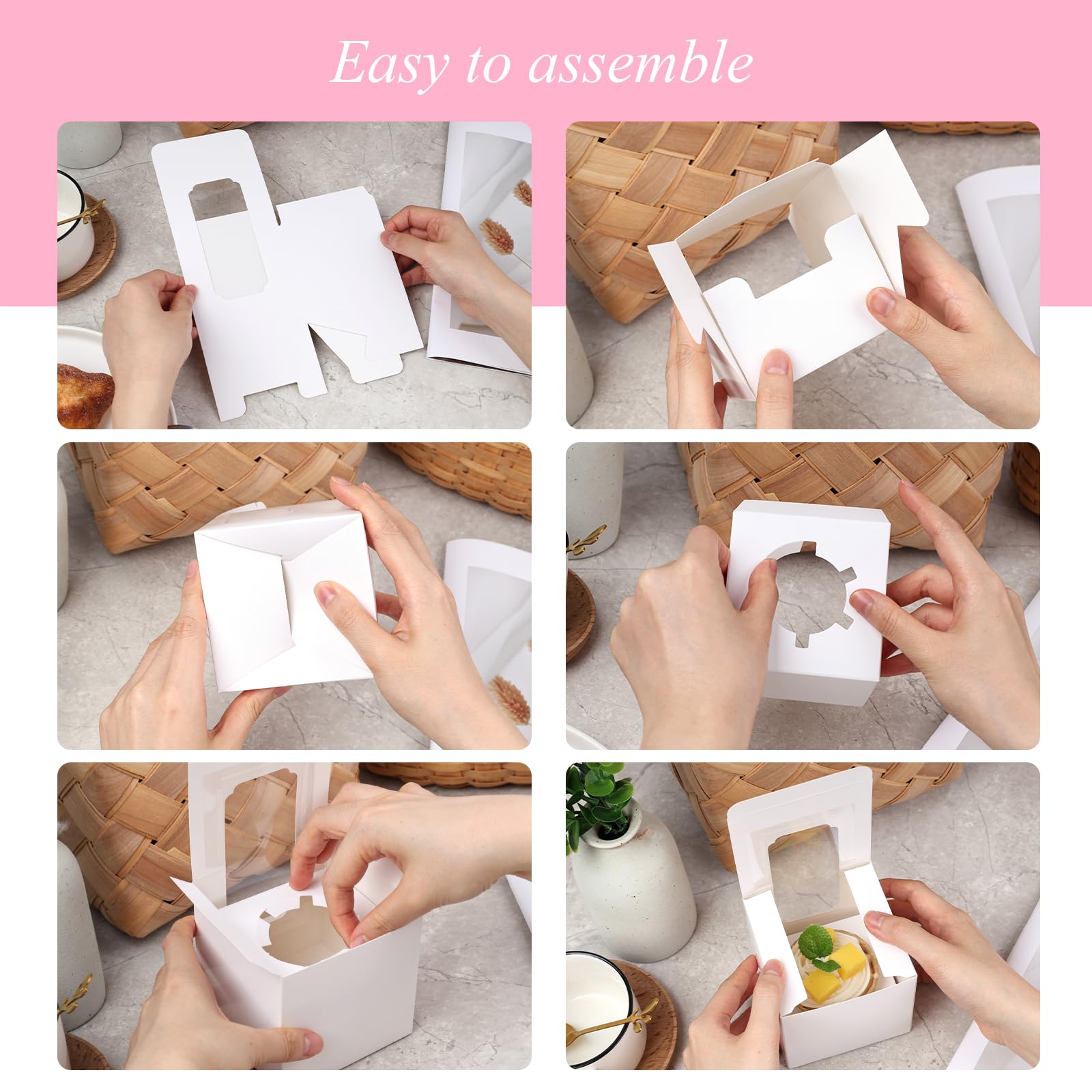 TOXOY 20PCS White Cupcake Containers, 3.5"x3.5"x3.5" Pastry Boxes Cookies Boxes with Window and Inserts for Birthday Party Baby Shower