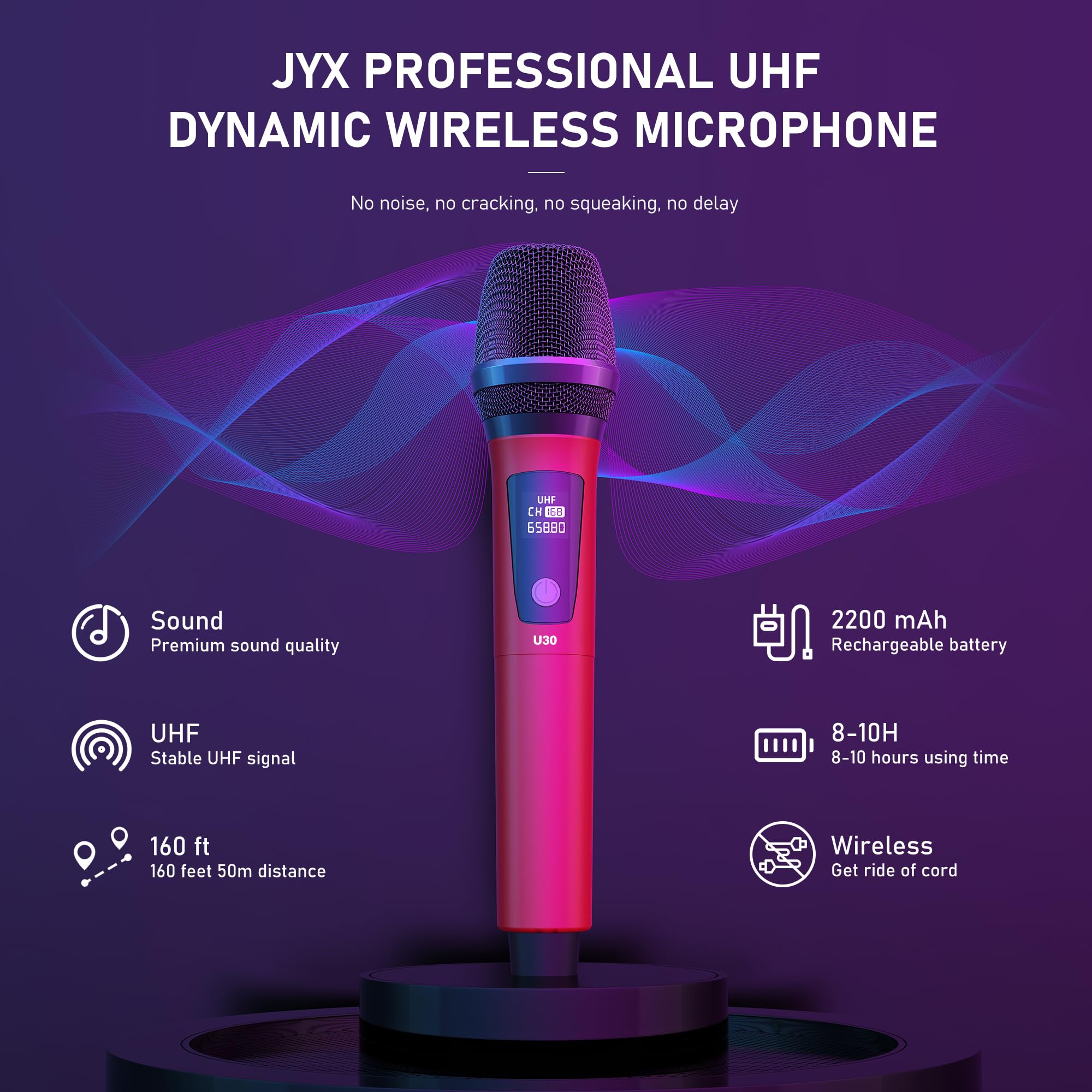 JYX Wireless Microphone, Dual UHF Metal Rechargeable Handheld Dynamic Cordless Mic, Karaoke Microphone with Receiver, 6.35mm (1/4") Output, 3.5mm (1/8") Adapter, 160 ft Range, for Party, DJ, Meeting