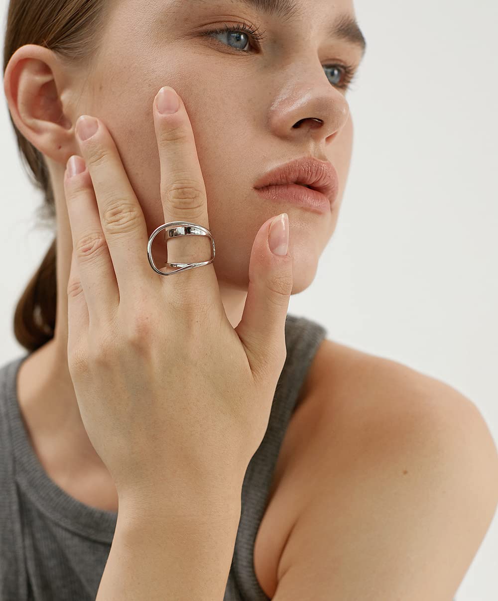 Personalized Simple Geometric Statement Rings Minimalist Fashion Knuckle Stackable Gold Silver Ring for Women Girls Teen Finger Ring Adjustable Size Daughter Gifts (Silver)