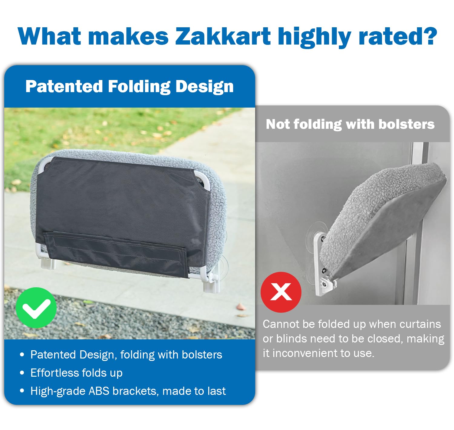Zakkart Foldable Cat Hammock for Window - Cordless, Embeded Machine Washable Padded Bed, Robust Metal Frame - Cat Window Perch for Large Cats and Kittens (White Bolster Bed, Medium)