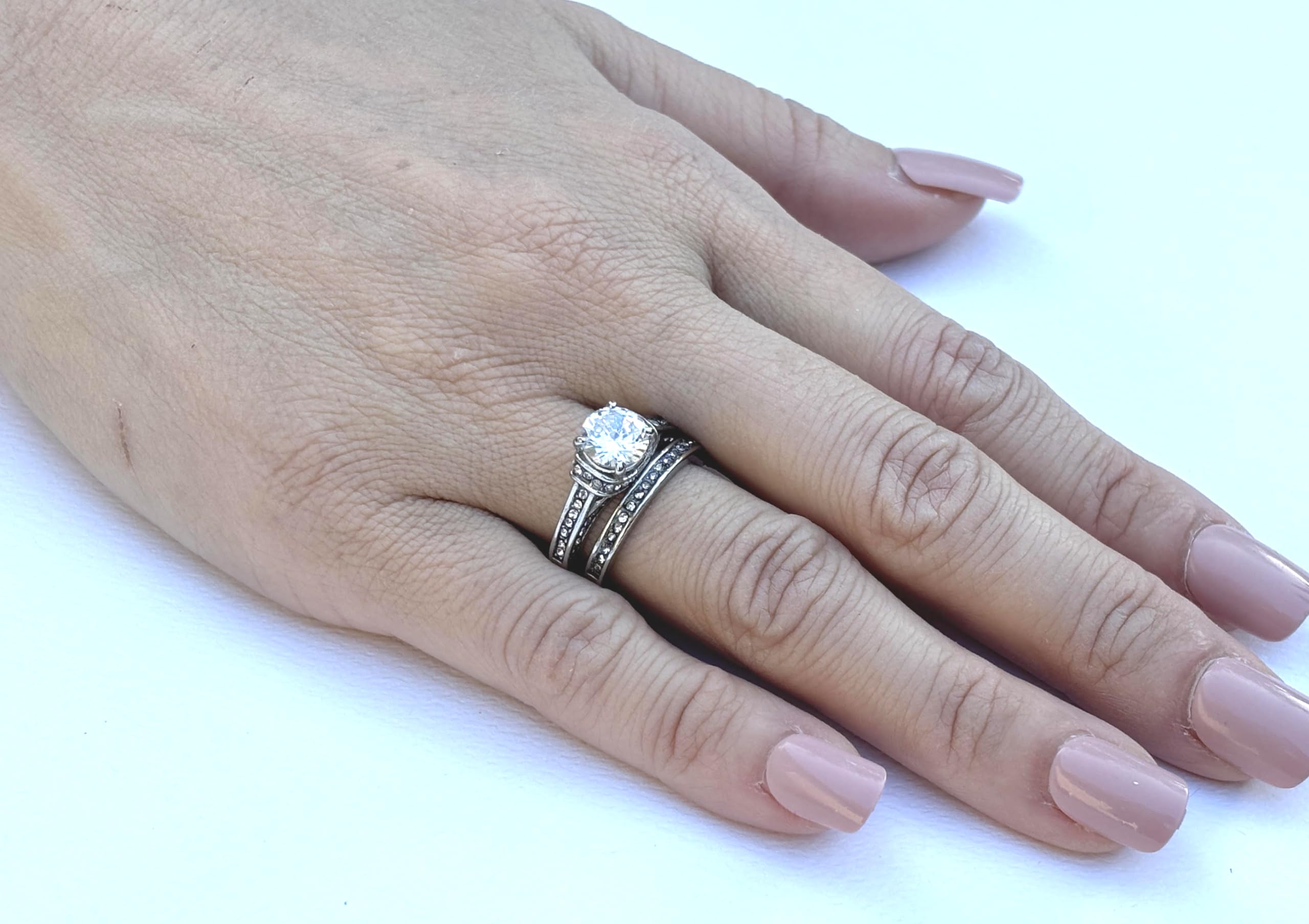 His Hers Couples Ring Set Womens Round CZ Stainless Steel Wedding Ring Set Mens Matching Band - Size W6M9