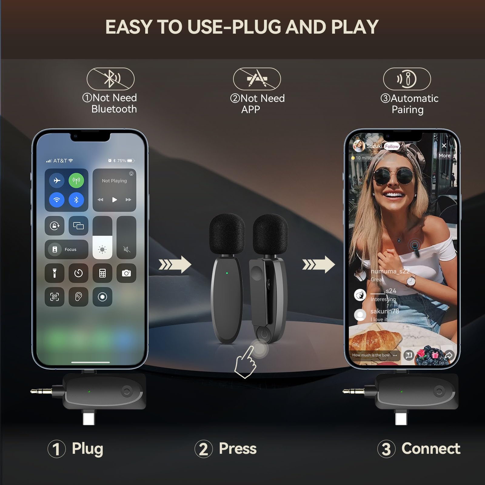 IMAXTOP 393FT Wireless Lavalier Microphone,Professional Microphones for iPhone Android Camera,2.4G Lapel Mic with Noise Reduction-3 in 1 Cordless Microphone for TikTok,YouTube,Live Streaming