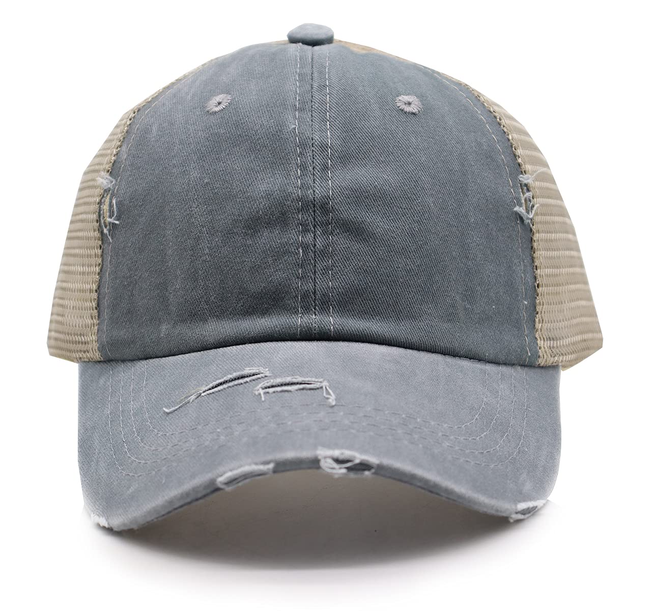 KKMKSHHG Ponytail Baseball Cap for Womens, Adjustable Vintage Trucker Washed Denim Dad Hat, Distressed High Mesh Messy Bun Velcro Ponycap