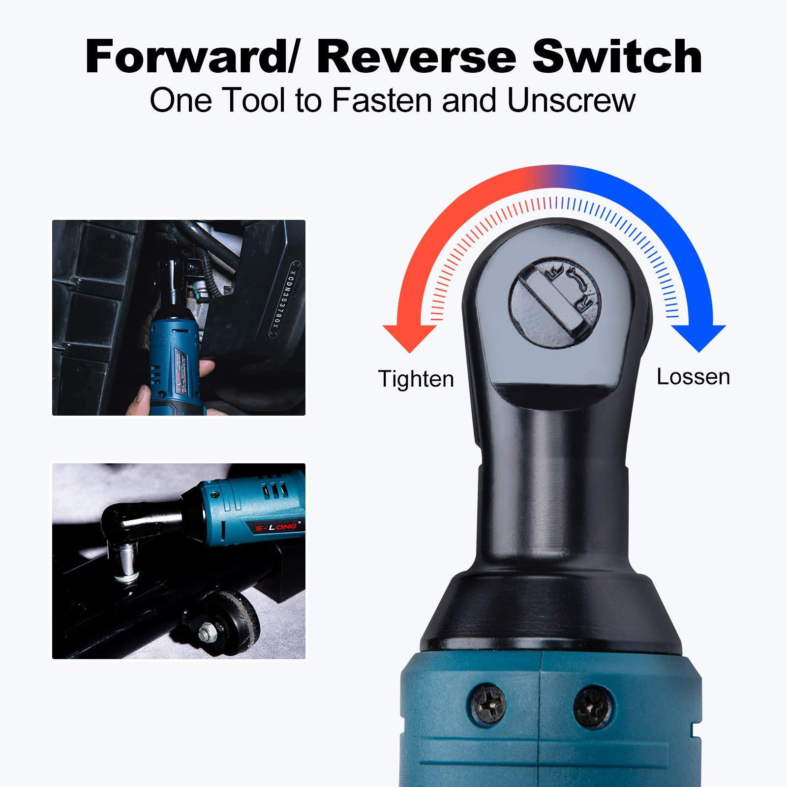S-LONG Cordless Electric Ratchet Wrench Set, 3/8" 400 RPM 12V Power Ratchet Driver with 10 Sockets, 2000mAh Lithium-Ion Battery and 60-Min Fast Charge