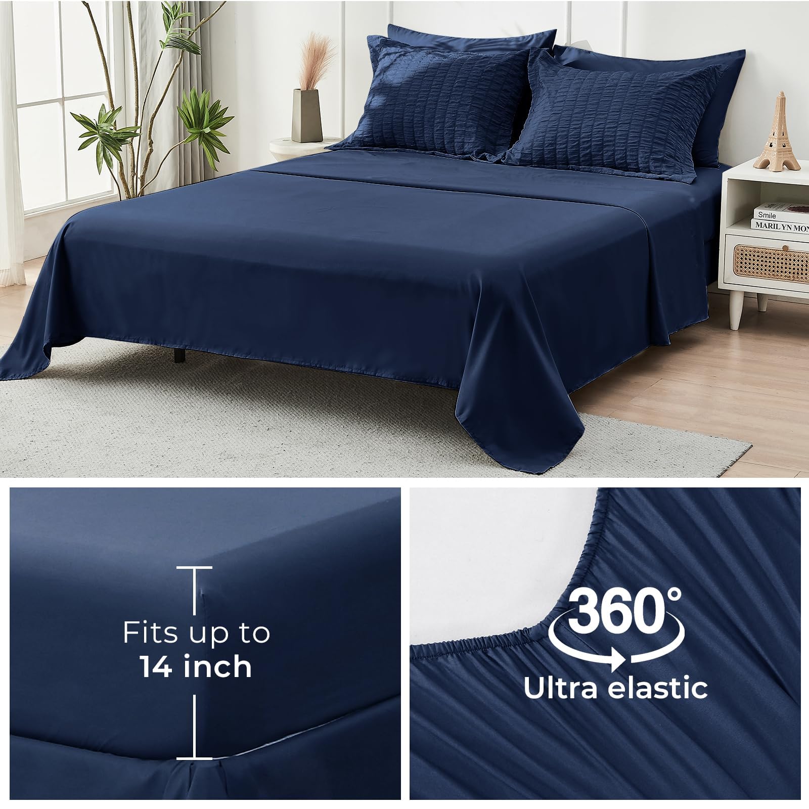 HYMOKEGE Navy Blue Full Size Comforter Sets Seersucker 7 Pieces, All Season Luxury Bed in a Bag for Bedroom, Bedding Set with Comforters, Sheets, Pillowcases & Shams