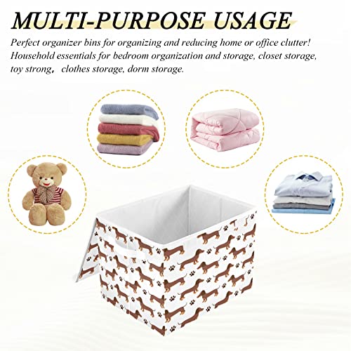 Vnurnrn Collapsible Storage Bins with Lids, Dachshund Dog Paw Print Foldable Storage Boxes, Storage Box Cube with Lid for Clothes,Bedroom,Toys,16.5x12.6x11.8 Inch