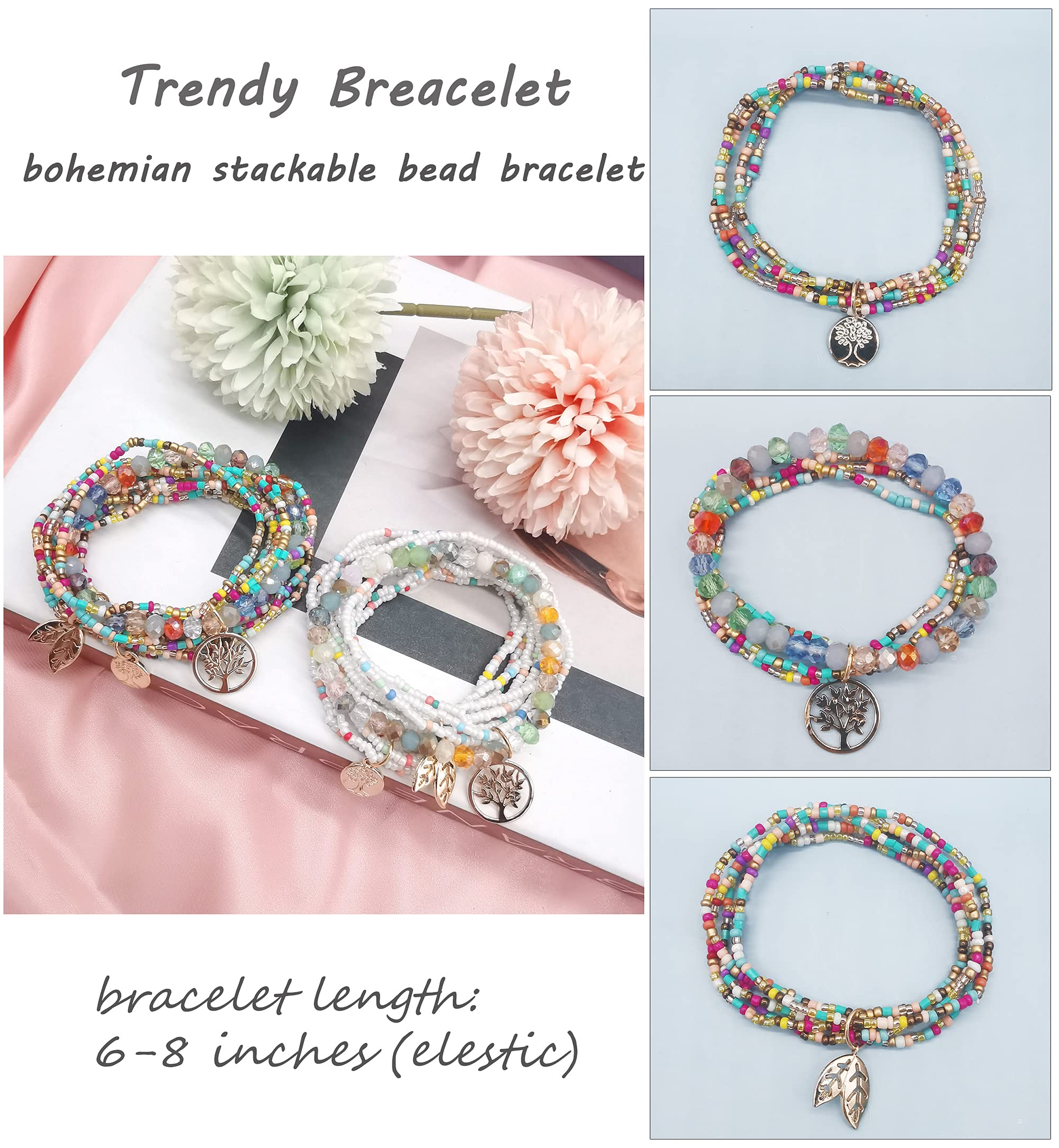 Jewdreamer 9 Pack Bohemian Beaded Bracelets for Women Boho Stackable Multilayer Stretch Bracelet Set Charm Tassel Pendant Acrylic Beaded Tree of life Statement Bangles