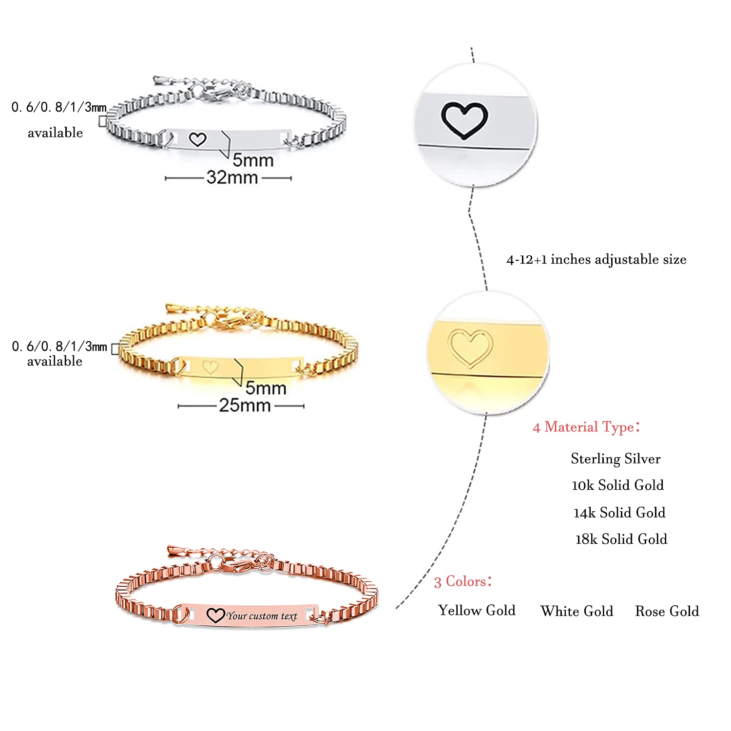 MRENITE 10k 14k 18k Solid Yellow Gold Silver Personalized His Hers Name ID Bar Bracelet Anklet Box Chain Custom Engraved Letter for Her Women Mom Daughter Son (Rose Gold)