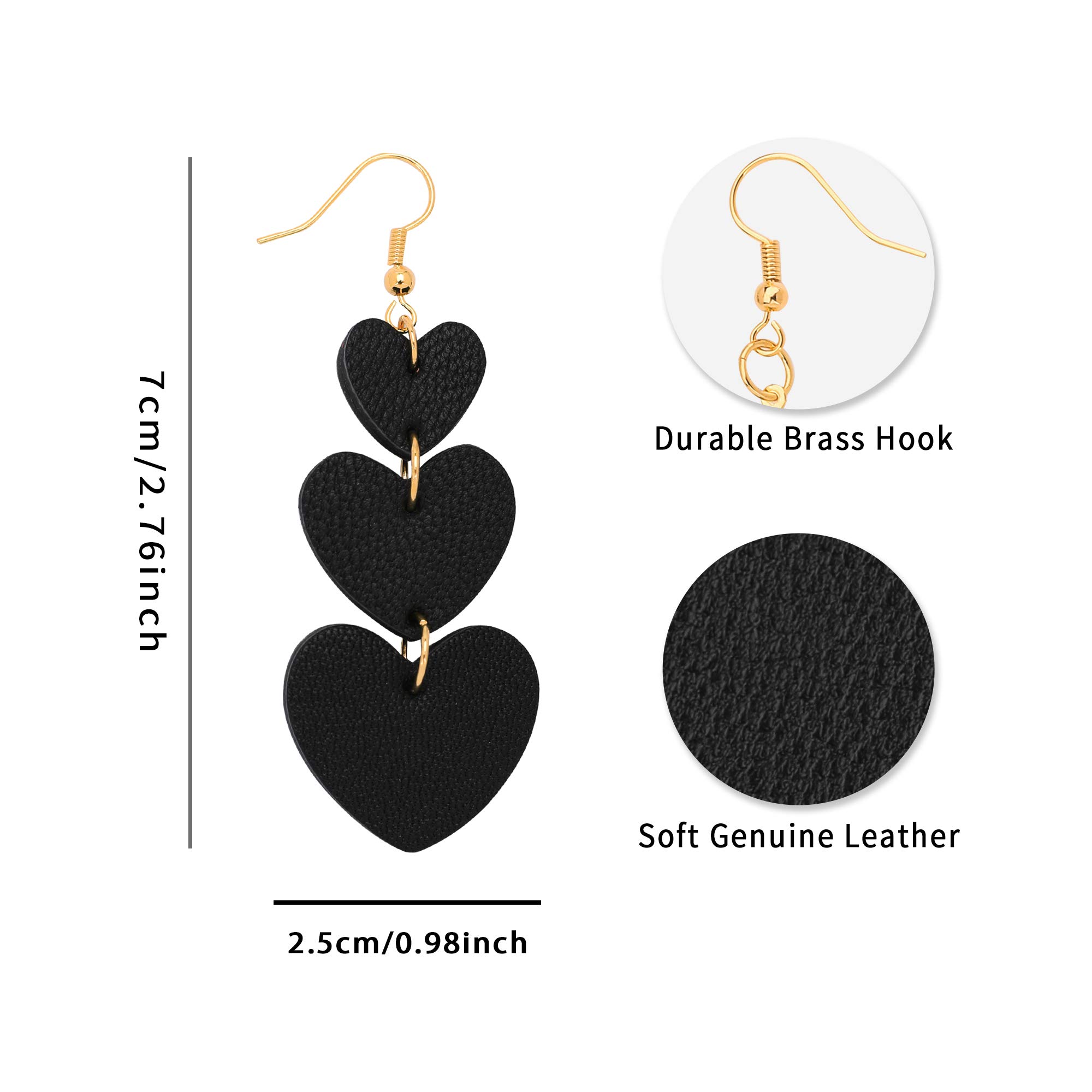 Jagucho Leather Earrings Dangle for Women, Lightweight Heart Earrings Drop (Black 42)