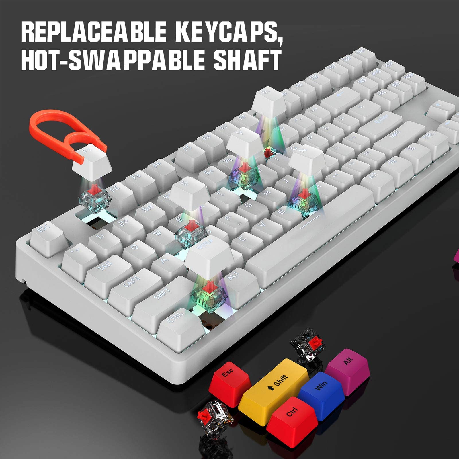 Pomya 87 Keys Wired Gaming Keyboard, Ergonomic USB Wired Mechanical Keyboard with Dye Sublimation Keycap for Win, for Android, for OS X, PC Keyboard for Game, Work(White)