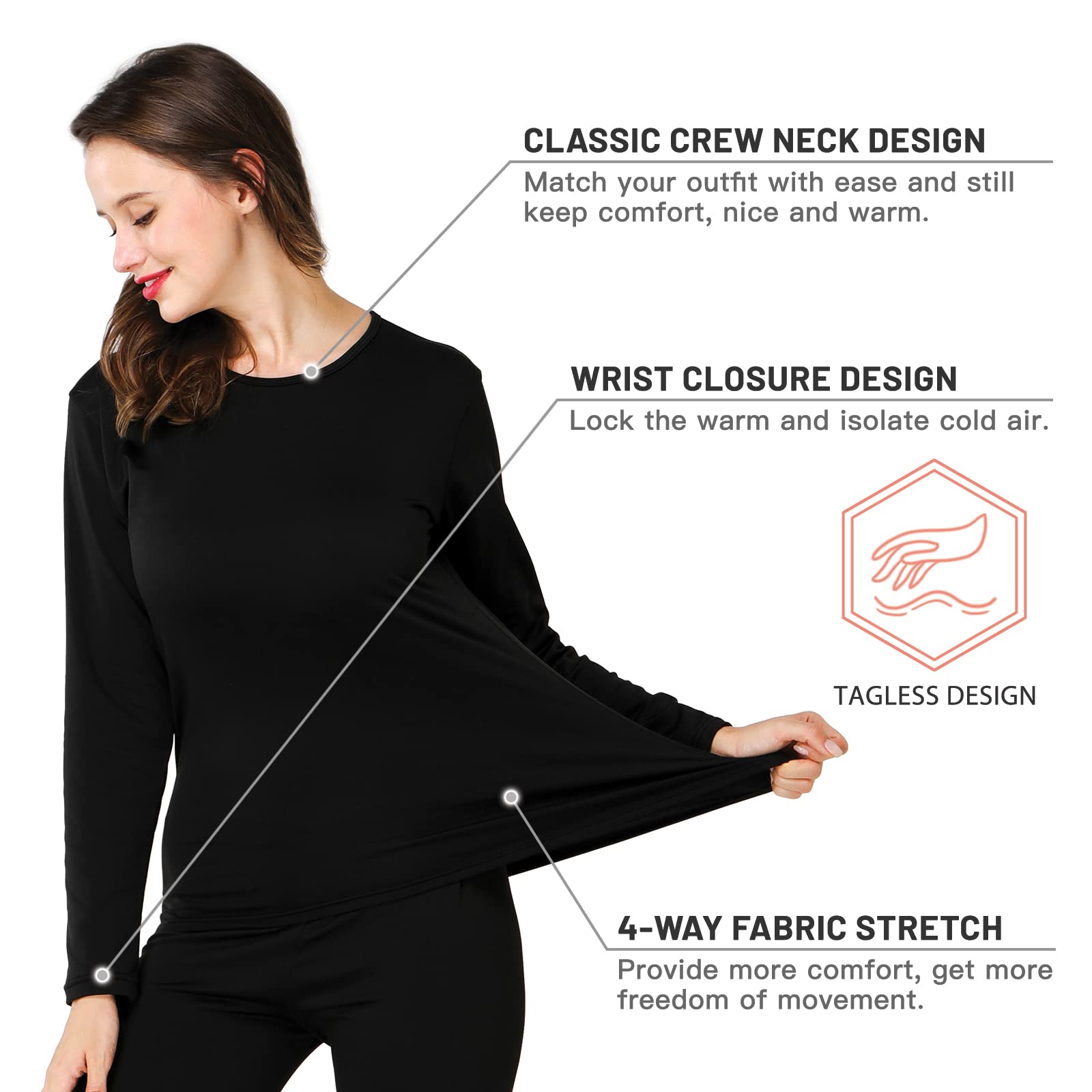MRIGNT Thermal Underwear for Women Thermal Underwear Set, Ultra Soft Long Johns for Women with Fleece Lined Top Bottom, Black L