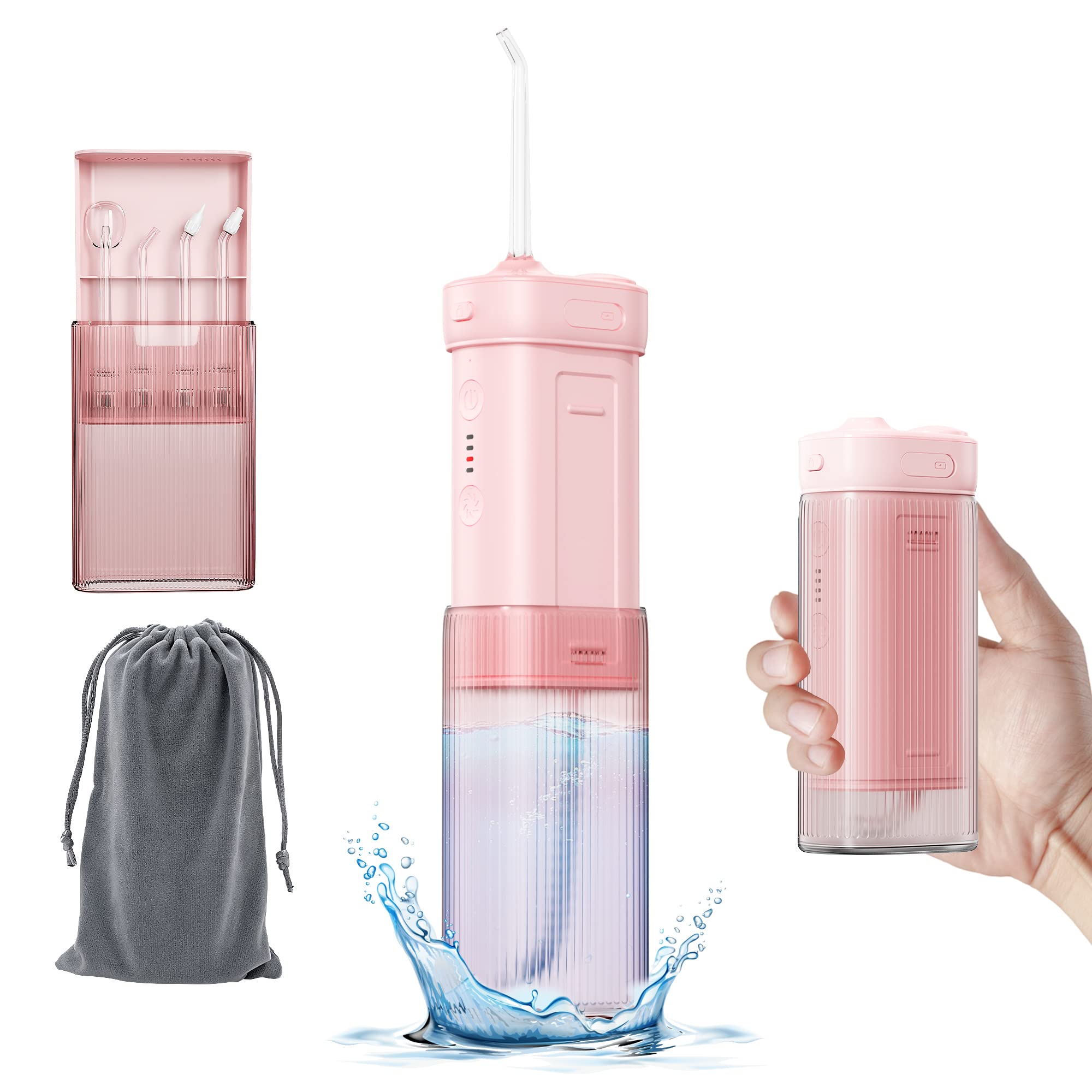 Portable Water Flosser, Mini Cordless Oral Irrigator, Power Dental Flosser with Detachable Water Tank IPX7 Waterproof, 3 Adjustable Modes Comes with Storage Bag(Pink)