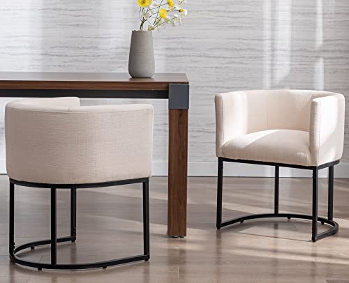 VESCASA Linen Upholstered Dining Chairs with Barrel Back, Mid Century Modern Padded Restaurant Chairs with Black Metal Frame for Kitchen, Dining Room, Set of 6, Cream