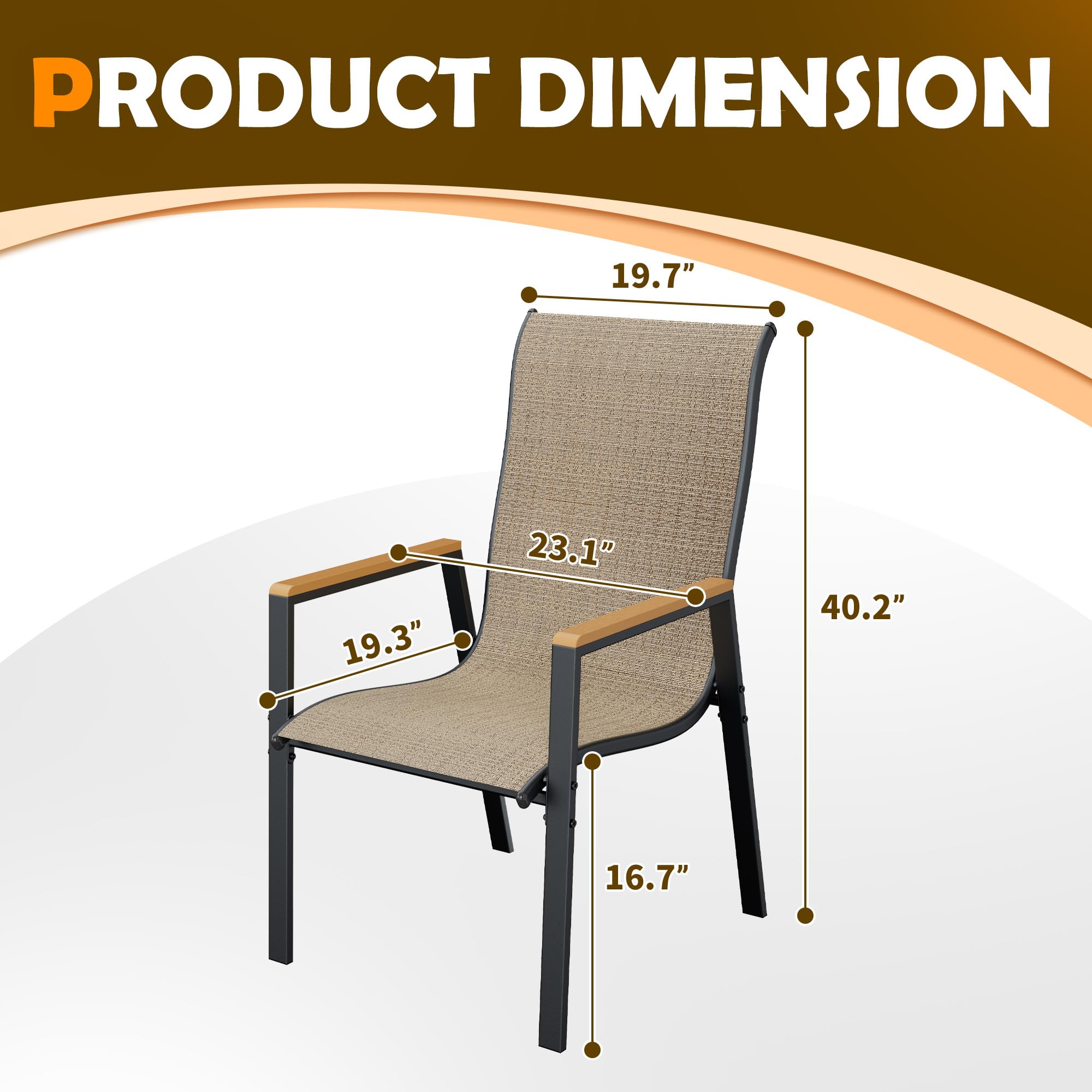 UDPATIO Stackable Patio Chairs Set of 4, Outdoor Stackable Dining Chairs with High Back, Patio Dining Chairs with Armrest for Lawn Backyard Deck, Brown