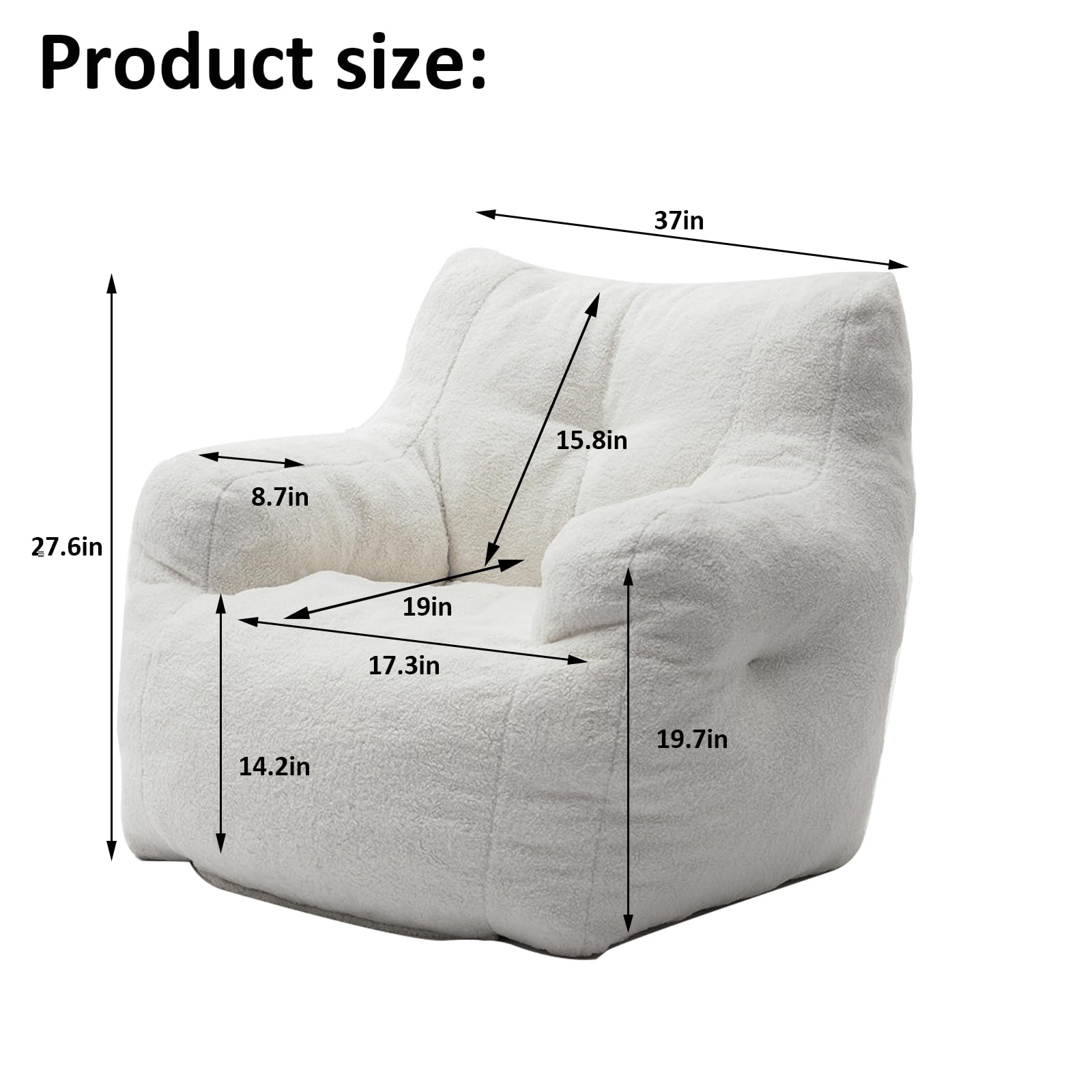 Hison Bean Bag Chairs for Adults and Kid Teddy Fabric Fluffy and Lazy Sofa Filled with Memory Sponge BeanBag Sofa with Armrests for Living Room,Bedroom(White)