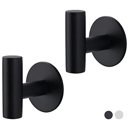 Towel Hook for Bathrooms Adhesive 2 Packs, Coat Hooks for Hanging Clothes, Heavy Duty Robe Towel Hangers for Shower Door Wall Mounted, Key Holder Wall Command Hook for Kitchen (Matte Black)