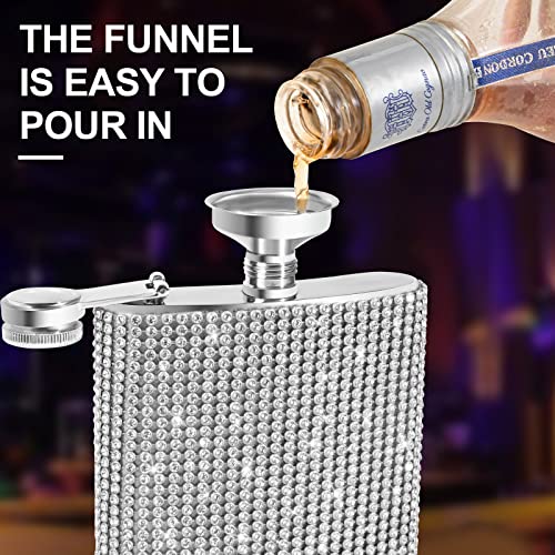 INSTOME Diamond Hip Flask,Flasks for Liquor for Women,6oz Bling Flasks for Liquor,Rhinestone Hip Flask Leakproof with Funnel,Leakproof Flask for Wine Whiskey Liquor Drinking (8+8, silver)