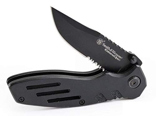Smith & Wesson Extreme Ops SWA24S 7.1in S.S. Folding Knife with 3.1in Serrated Clip Point Blade and Aluminum Handle for Outdoor, Tactical, Survival and EDC,Black