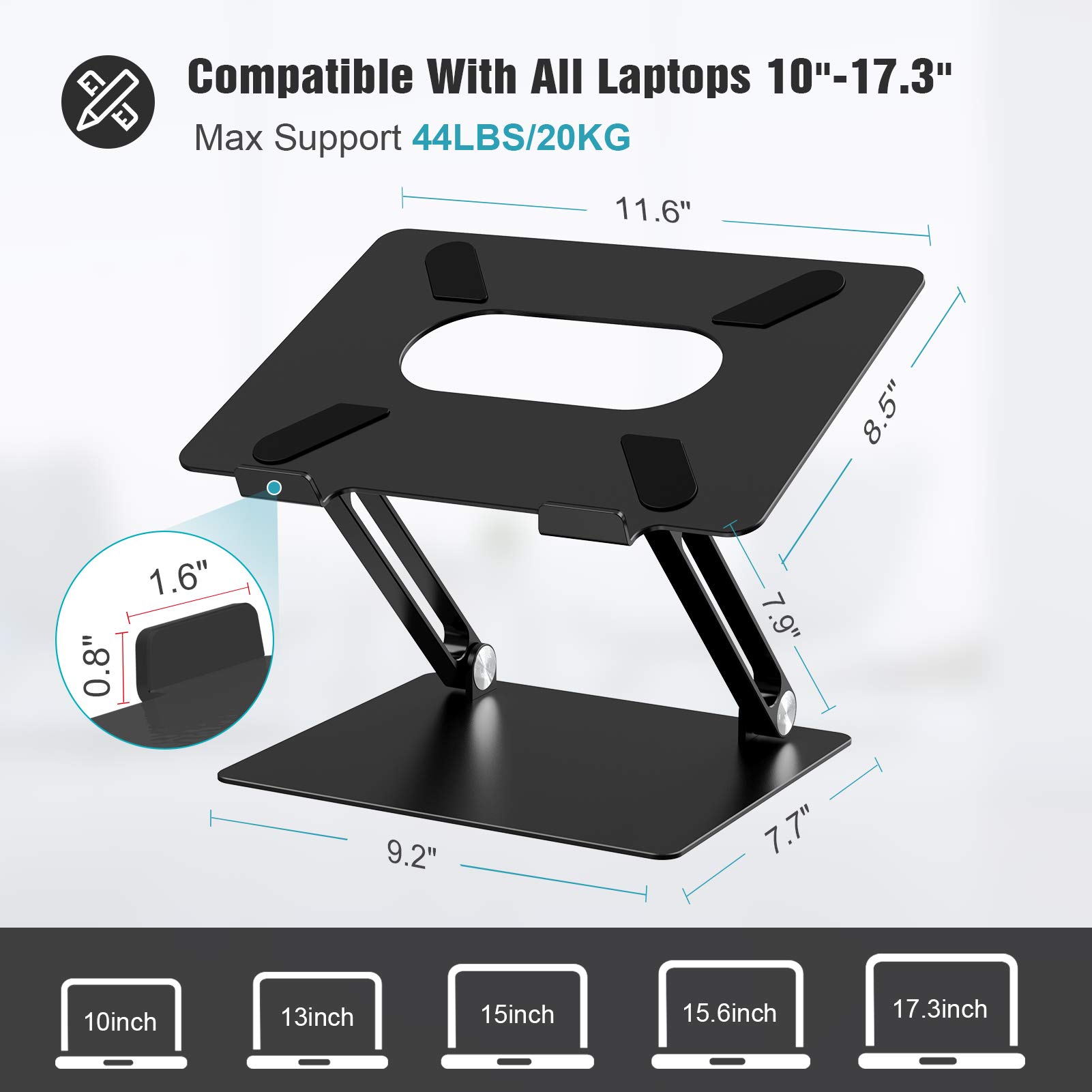 Laptop Stand, Ergonomic Adjustable Notebook Stand, Aluminum Portable Computer Riser with Heat-Vent Foldable Desktop Laptop Holder Compatible with MacBook Air Pro, All 10 to 17 Inch Laptops(Black)